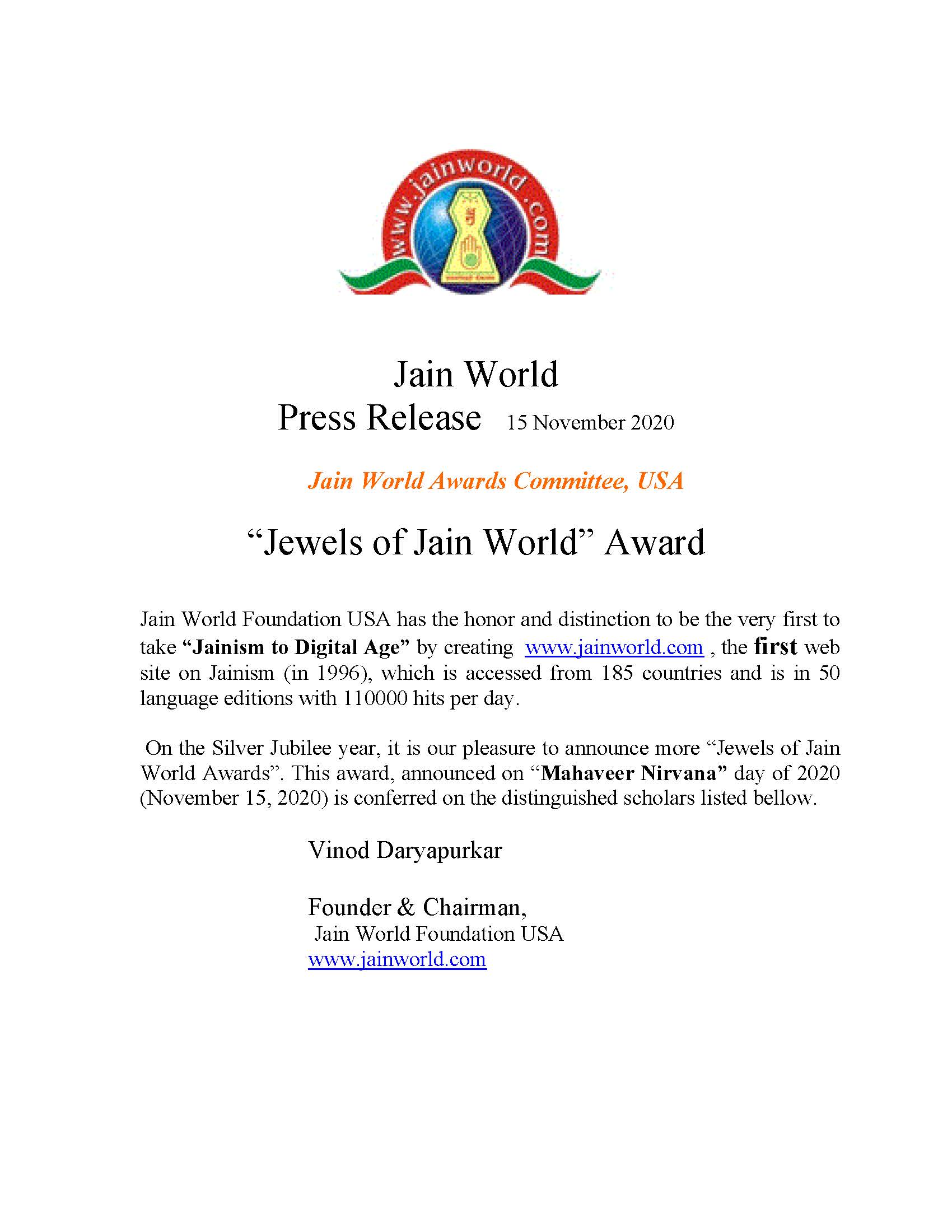 “Jewels of Jain World” Award 2020 - Jainworld